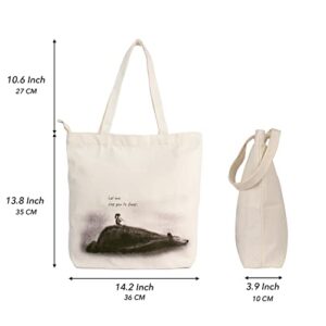 LAFORTIS Aesthetic Canvas Tote Bag with Zipper Inner Pocket, Cute Bear White Cotton Shopping Reusable Grocery Bags for Women Teachers as Gifts