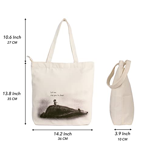 LAFORTIS Aesthetic Canvas Tote Bag with Zipper Inner Pocket, Cute Bear White Cotton Shopping Reusable Grocery Bags for Women Teachers as Gifts