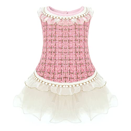 Dog Plaid Dress Lace Tulle Tutu Princess Skirt with Pearls Accessory for Small Girl Dogs Christmas Holiday Wedding Birthday Party (Pink, S)