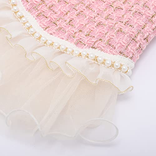 Dog Plaid Dress Lace Tulle Tutu Princess Skirt with Pearls Accessory for Small Girl Dogs Christmas Holiday Wedding Birthday Party (Pink, S)