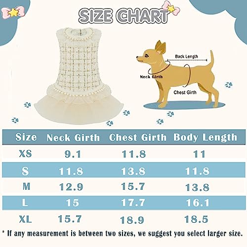 Dog Plaid Dress Lace Tulle Tutu Princess Skirt with Pearls Accessory for Small Girl Dogs Christmas Holiday Wedding Birthday Party (White, L)