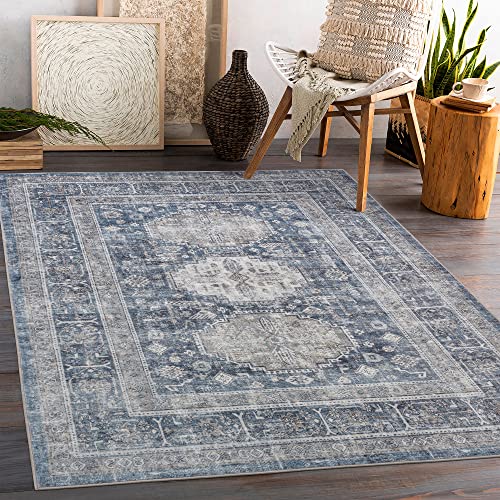 ComiComi Washable Rug 5x7 - Antique Distressed 5x7 Area Rugs, Ultra Thin Rugs for Living Room, Vintage Tribal Bedroom Rugs(Blue/Grey, 5'x7')