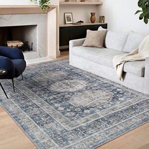 ComiComi Washable Rug 5x7 - Antique Distressed 5x7 Area Rugs, Ultra Thin Rugs for Living Room, Vintage Tribal Bedroom Rugs(Blue/Grey, 5'x7')