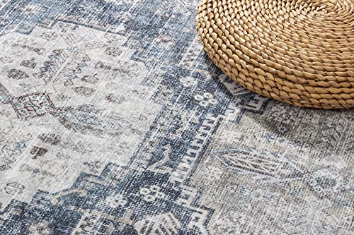 ComiComi Washable Rug 5x7 - Antique Distressed 5x7 Area Rugs, Ultra Thin Rugs for Living Room, Vintage Tribal Bedroom Rugs(Blue/Grey, 5'x7')