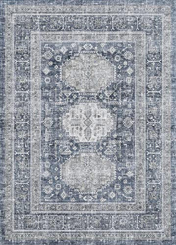 ComiComi Washable Rug 5x7 - Antique Distressed 5x7 Area Rugs, Ultra Thin Rugs for Living Room, Vintage Tribal Bedroom Rugs(Blue/Grey, 5'x7')