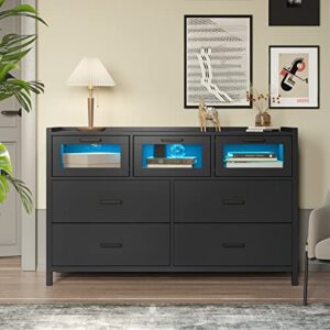 VIAGDO Black Dresser for Bedroom,7 Drawer Dressers with LED Lights, Dressers & Chests of Drawers, Bedroom Closet Wooden Long Kids Dresser for Bedroom, Kids Room, Hallway (DG1201-B)