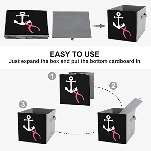 Anchor with Breast Cancer Ribbon Large Cubes Storage Bins Collapsible Canvas Storage Box Closet Organizers for Shelves