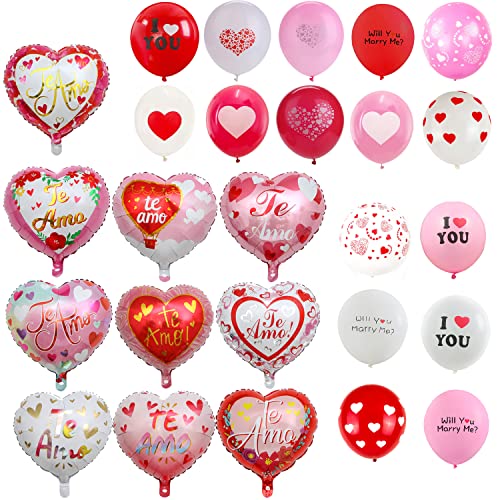 10 Pcs Large Valentine's Day Heart-Shaped Foil Balloons + 16 Pcs Love Balloons 12 inch for Valentine's Day Party Decoration, Valentine's Day Party Proposal, Valentine's Day Surprise