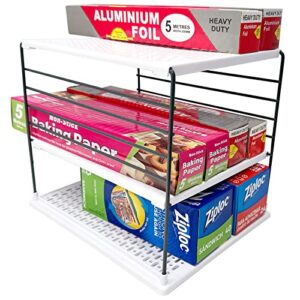 hitispace kitchen wrap organizer rack, height adjustable aluminum foil organization and storage, kitchen organization and storage foil and plastic wrap organizer for plastic bag, wrap, foil & box