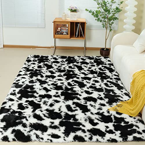 Faux Fur Black White Cow Print Fluffy Area Rug Ultra Soft Non Shedding Mats for Kids Kids Room Dorm Office Geometric Decor Carpet 6.6'x5.3'ft