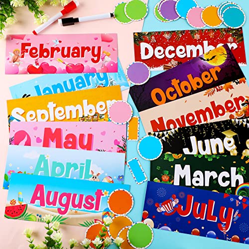 52 Pcs Magnetic Holiday Monthly Headliners Include 12 Months of The Year Headers Seasonal Bulletin Board Border 31 Writable Round Blank Confetti Accents 7 Writable Rectangle Label for Classroom School