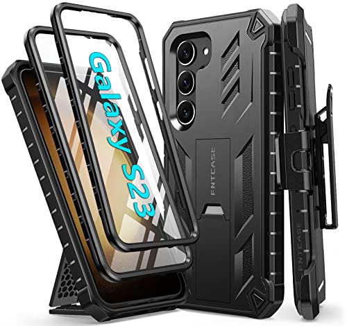 FNTCASE for Samsung Galaxy S23 Case: Heavy Duty Rugged Shockproof Protective Cover with Belt-Clip Holster & Kickstand | Military Grade Protection Durable Phone Case for Galaxy S23 6.1 inch (Black)