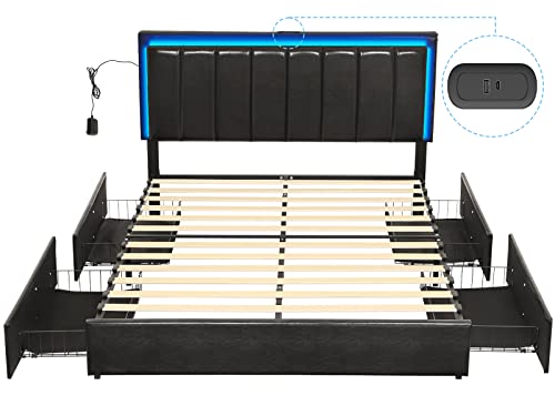 DICTAC Queen LED Bed Frame with 4 Storage Drawers and USB Ports Modern Platform Bed Frame with Storage and LED Headboard Faux Leather Upholstered Storage Bed,Easy Assemble,No Box Spring Needed,Black