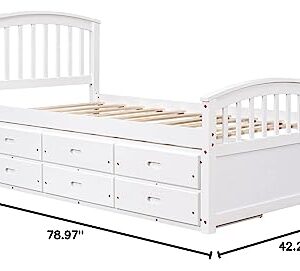 Merax Twin Size Solid Wood Platform Storage Bed with 6 Drawers, No Box Spring Needed, White