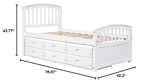 Merax Twin Size Solid Wood Platform Storage Bed with 6 Drawers, No Box Spring Needed, White