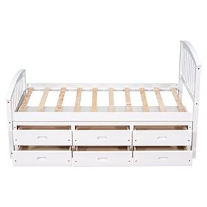 Merax Twin Size Solid Wood Platform Storage Bed with 6 Drawers, No Box Spring Needed, White