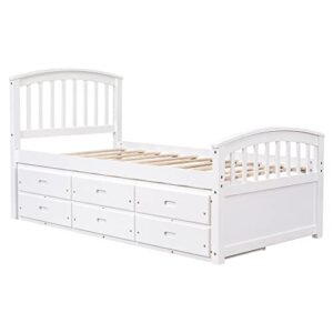 Merax Twin Size Solid Wood Platform Storage Bed with 6 Drawers, No Box Spring Needed, White