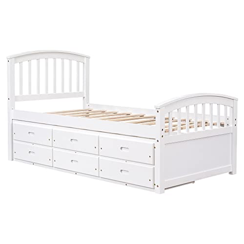 Merax Twin Size Solid Wood Platform Storage Bed with 6 Drawers, No Box Spring Needed, White