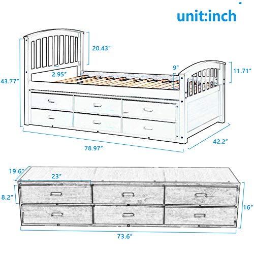 Merax Twin Size Solid Wood Platform Storage Bed with 6 Drawers, No Box Spring Needed, White