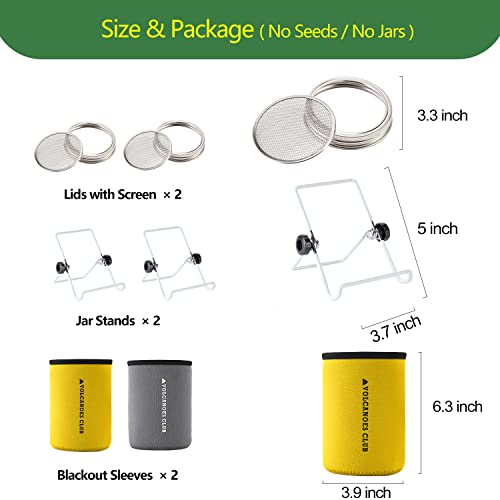 VOLCANOES CLUB Seed Sprouting Jar Germination Kit Accessories - Blackout Sleeves/Jar Stands/Sprout Lids for Wide Mouth Mason Jar - for Growing Broccoli, Microgreens, Bean Sprouts, Alfalfa (2 Pack)