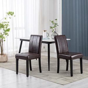 FUNESI PU Leather Upholstered Dining Chair, Armless Parsons Chair with Black Solid Wood Legs Set of 2（Brown