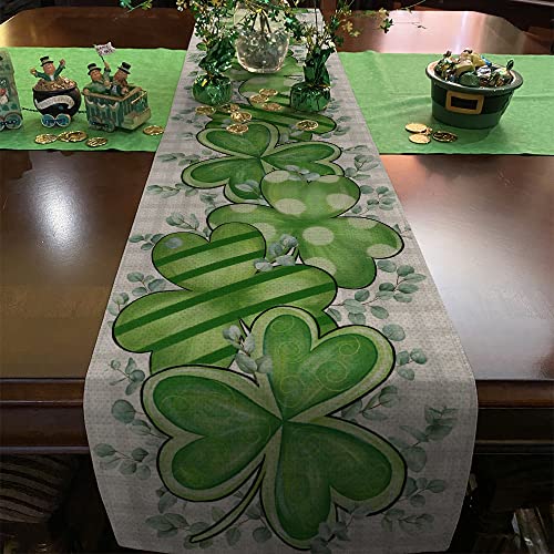 ARKENY St Patricks Day Lucky Green Shamrock Table Runner 72 Inches Eucalyptus Leaves Spring Seasonal Holiday Decor for Dining Table Indoor Home Farmhouse Tabletop Decoration AT386