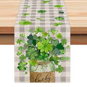 arkeny st patricks day lucky green shamrock table runner 72 inches, vase buffalo plaid spring seasonal holiday decor for dining table indoor home farmhouse tabletop decoration at387