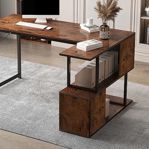 ALISENED L Shaped Computer Desk with 2 Shelves Bookshelf, Modern Corner Computer Desk with Storage, Office Desk Study Table Writing Desk for Home Office