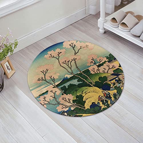 WONDERMAKE Vintage Mandala 23.6 inch Throw Rugs Soft Non-Slip Mat/Boho Hokusai Japan Ink Cherry Blossom Mount Fuji Round Area Rug 2' / 2' Diameter for Bedroom Bathroom Living Room