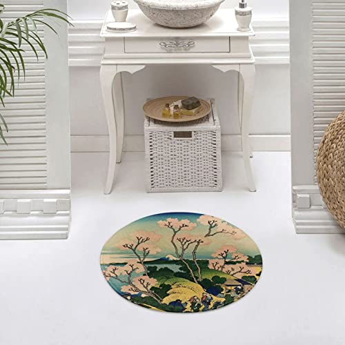 WONDERMAKE Vintage Mandala 23.6 inch Throw Rugs Soft Non-Slip Mat/Boho Hokusai Japan Ink Cherry Blossom Mount Fuji Round Area Rug 2' / 2' Diameter for Bedroom Bathroom Living Room