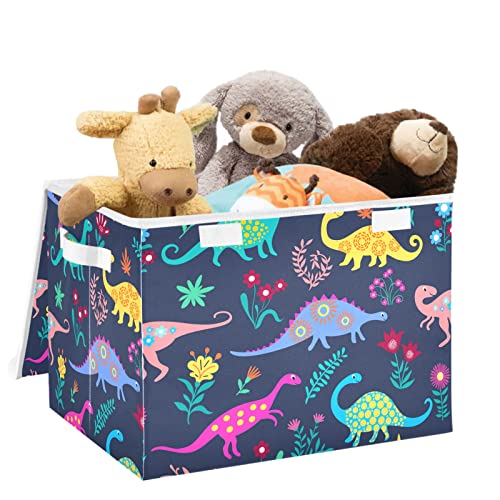 DOMIKING Lovely Dinosaur Toy Storage Trunk with Lid Collapsible Storage Box Organizer with Handles for Shelves Cabinet Nursery Drawer