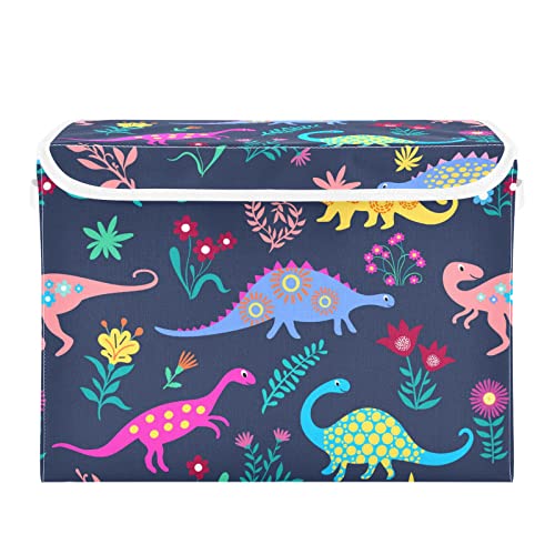 DOMIKING Lovely Dinosaur Toy Storage Trunk with Lid Collapsible Storage Box Organizer with Handles for Shelves Cabinet Nursery Drawer