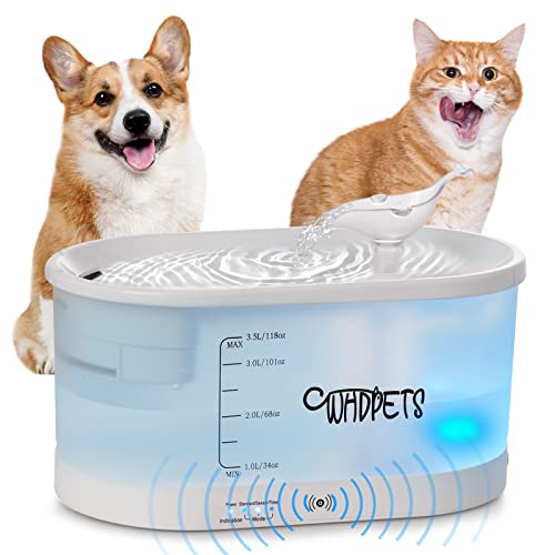 Battery Operated Cat Water Fountain, WHDPETS Automatic Pet Water Fountain with Wireless Pump, 108oz/3.5L Dog Water Dispenser for Cats, Dogs, Multiple Pets Inside or Outdoor