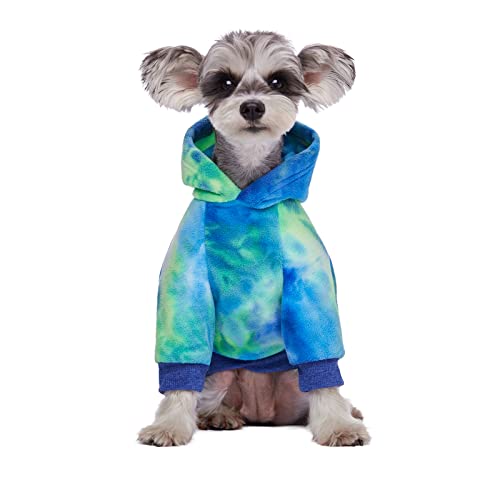 Dog Hoodie, Tie Dye Dog Winter Clothes, Pet Hooded Sweatershirt Pullover, Dog Outfit Coat Apparel for Small Medium Large Dogs, Green Blue 2XL