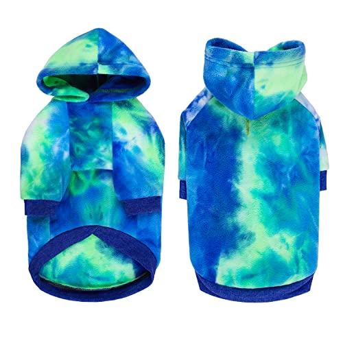 Dog Hoodie, Tie Dye Dog Winter Clothes, Pet Hooded Sweatershirt Pullover, Dog Outfit Coat Apparel for Small Medium Large Dogs, Green Blue 2XL