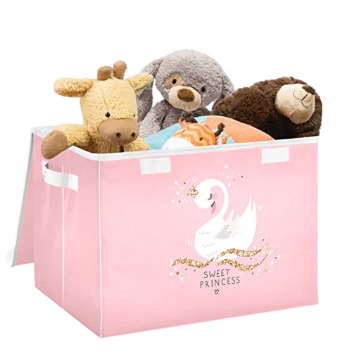 DOMIKING Sweet Princess Swan Pink Toy Storage Trunk with Lid Collapsible Storage Box Organizer with Handles for Bedroom Living Room Kid's Room