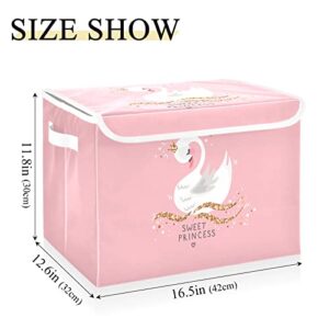 DOMIKING Sweet Princess Swan Pink Toy Storage Trunk with Lid Collapsible Storage Box Organizer with Handles for Bedroom Living Room Kid's Room