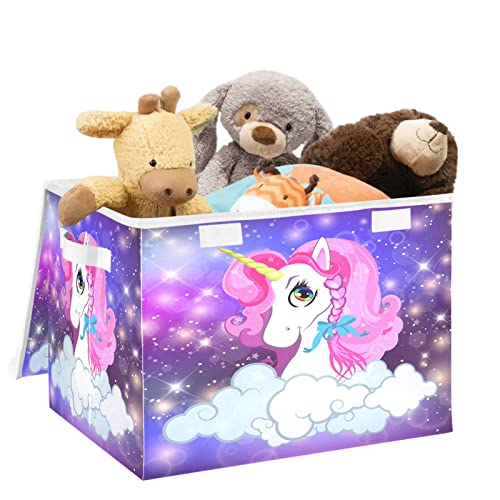 DOMIKING Unicorn Pink Head Galaxy Toy Storage Trunk with Lid Collapsible Storage Box Organizer with Handles for Nursery Drawer Shelves Cabinet