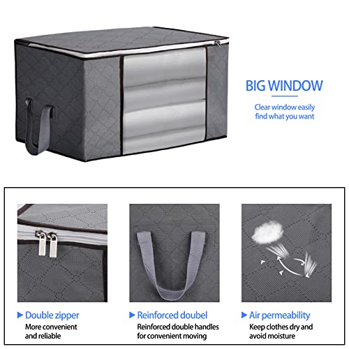 BUORCVZ Large Clothes Storage Bag 3-Pack, Foldable Storage Bin Closet Organizer with Reinforced Handle Clear Window, Fabric Storage Containers for Blanket, Comforters, Bedding, Grey