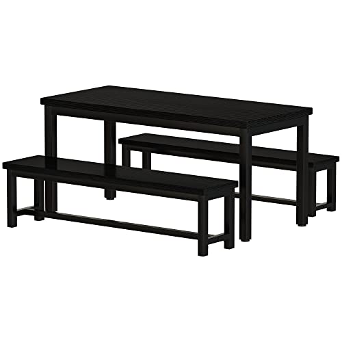 AWQM 43.3" Dining Table Set for 4 with 2 Benches, Metal Frame & Thickened Board for Kitchen, Restaurant, Black