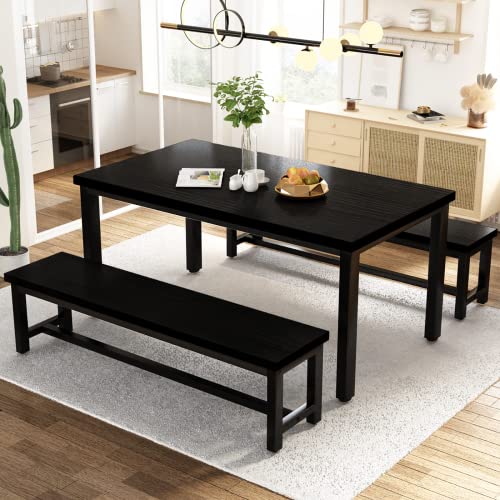 AWQM 43.3" Dining Table Set for 4 with 2 Benches, Metal Frame & Thickened Board for Kitchen, Restaurant, Black