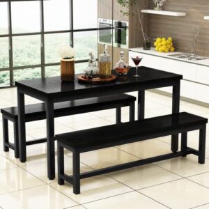 AWQM 43.3" Dining Table Set for 4 with 2 Benches, Metal Frame & Thickened Board for Kitchen, Restaurant, Black