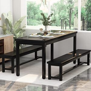 AWQM 43.3" Dining Table Set for 4 with 2 Benches, Metal Frame & Thickened Board for Kitchen, Restaurant, Black