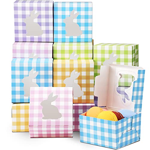 24 Pcs Easter Treat Boxes 5 Candy Colors Cardboard Box with Rabbit Bunny Shape Window Colorful Paper Easter Candy Box Easter Containers Cardboard Easter Cookie Basket Spring Easter Gift Boxes (Plaid)