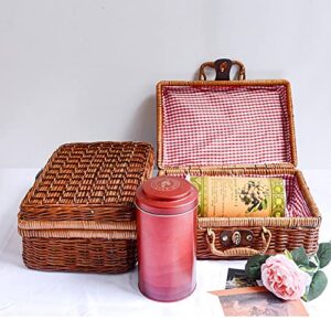 Flat Woven Wicker Storage Bins with Lid Natural Seagrass Basket Boxes Multipurpose Home Organizer Bins Boxes for Rattan Shelf Organizer for Living Room Decoration (22cmx16cmx11cm)