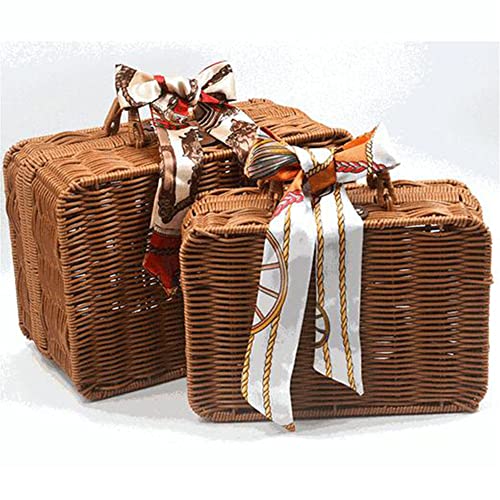 Flat Woven Wicker Storage Bins with Lid Natural Seagrass Basket Boxes Multipurpose Home Organizer Bins Boxes for Rattan Shelf Organizer for Living Room Decoration (22cmx16cmx11cm)