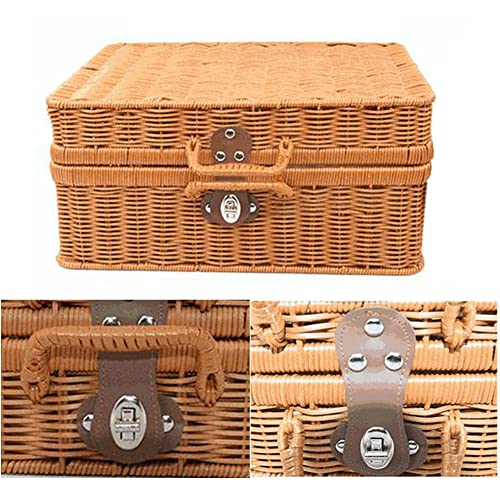 Flat Woven Wicker Storage Bins with Lid Natural Seagrass Basket Boxes Multipurpose Home Organizer Bins Boxes for Rattan Shelf Organizer for Living Room Decoration (22cmx16cmx11cm)