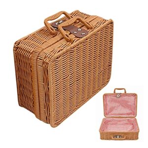 Flat Woven Wicker Storage Bins with Lid Natural Seagrass Basket Boxes Multipurpose Home Organizer Bins Boxes for Rattan Shelf Organizer for Living Room Decoration (22cmx16cmx11cm)