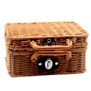 Flat Woven Wicker Storage Bins with Lid Natural Seagrass Basket Boxes Multipurpose Home Organizer Bins Boxes for Rattan Shelf Organizer for Living Room Decoration (22cmx16cmx11cm)