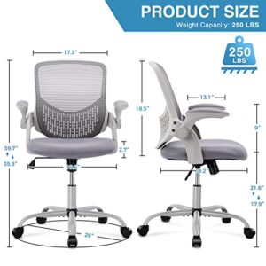 JHK Ergonomic Computer Mesh Home Office Desk Armrests, Rolling Swivel Chair with Lumbar Support Height Adjustable, Grey, Flip-up Arms